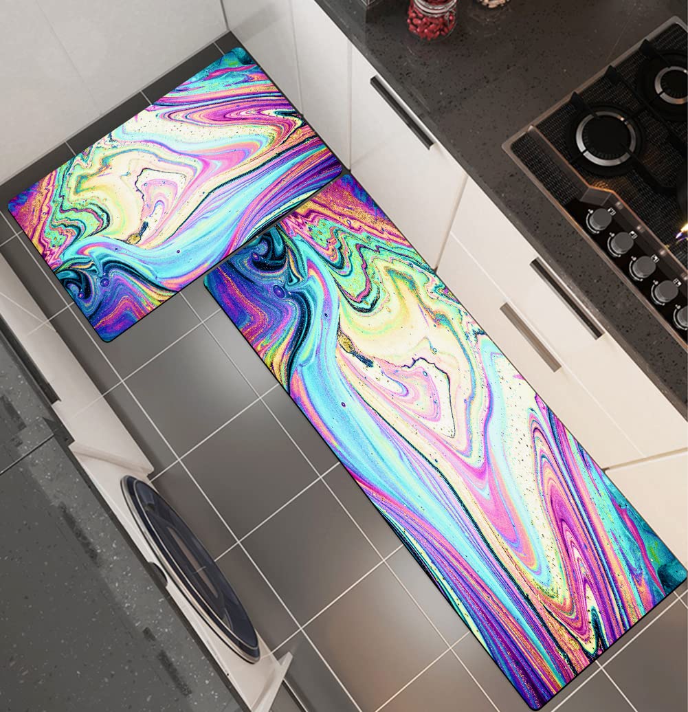 Rainbow Colors Kitchen Rugs Mats Set of 2 Iridescent Marble Art Anti-Fatigue Cushioned Kitchen Floor Mat Non-Slip Backing Washable Kitchen Rugs Set Office Laundry (Rainbow, 17"x29.5"+17"x47")