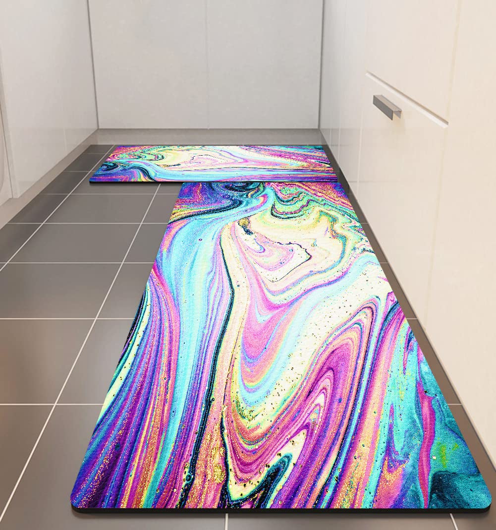 Rainbow Colors Kitchen Rugs Mats Set of 2 Iridescent Marble Art Anti-Fatigue Cushioned Kitchen Floor Mat Non-Slip Backing Washable Kitchen Rugs Set Office Laundry (Rainbow, 17"x29.5"+17"x47")