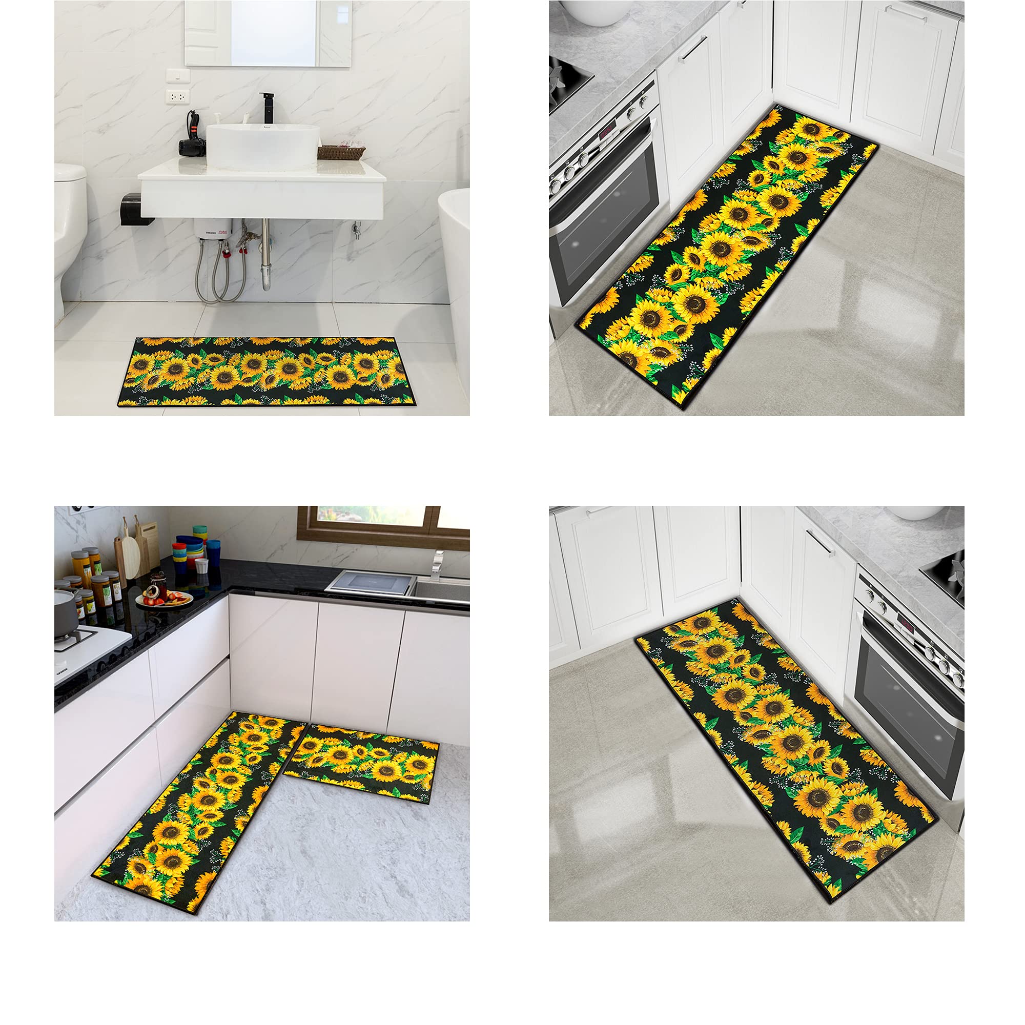 NC Sunflower Kitchen Rugs and Mats Set of 2, Anti-Fatigue Non-Slip Comfort Standing Runner Rug for Kitchen, Office, Sink, Laundry, Living Room (17"x48"+17"x24",Black)