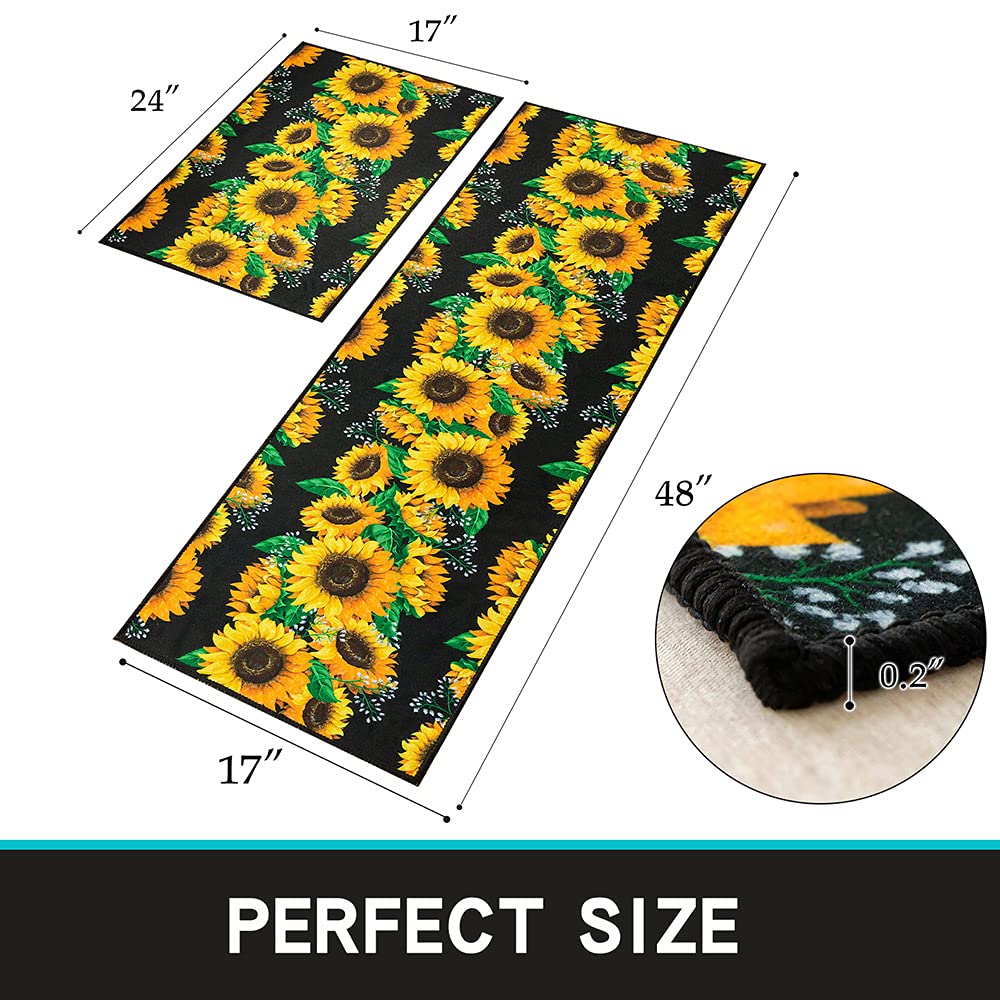 NC Sunflower Kitchen Rugs and Mats Set of 2, Anti-Fatigue Non-Slip Comfort Standing Runner Rug for Kitchen, Office, Sink, Laundry, Living Room (17"x48"+17"x24",Black)