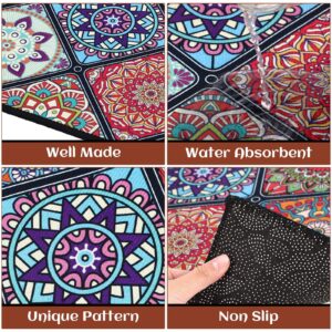 Haull 3 Pcs Boho Kitchen Rugs Set Non Skid Thick Washable Mandala Ethnic Flower Kitchen Mats for Kitchen Office Sink Laundry Microfiber Floor Non Slip Backing Mat Throw Rug, 47'' x 16'', 29'' x 16''