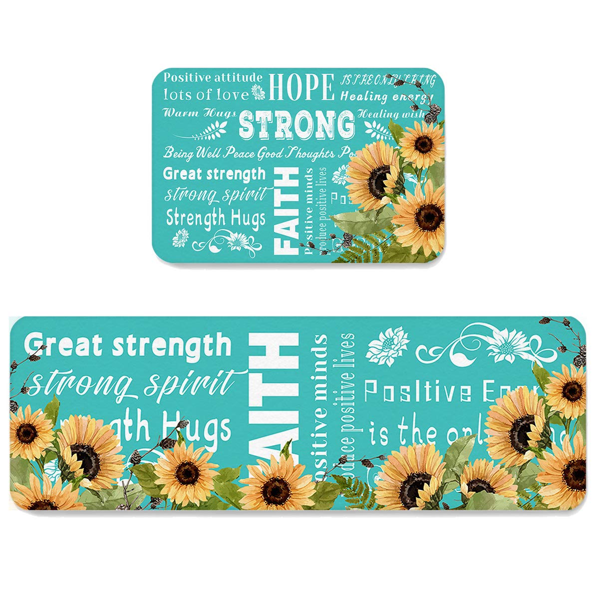 Sunflowers Hope Kitchen Rugs and Mats 2 Pieces,Positive Attitude Words Turquoise Decorative Carpet Floor Mat for Home Area Runner Non Slip Doormat