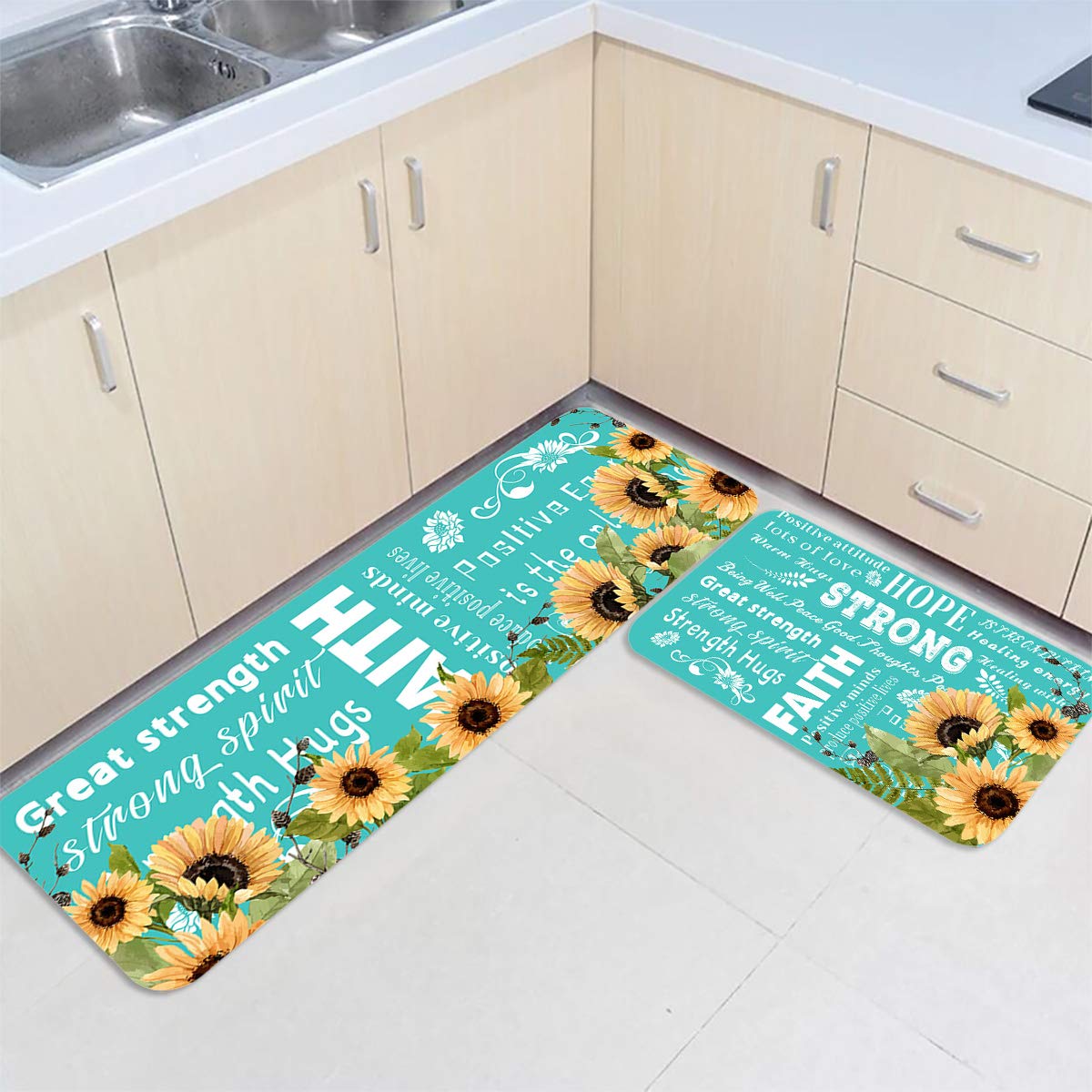 Sunflowers Hope Kitchen Rugs and Mats 2 Pieces,Positive Attitude Words Turquoise Decorative Carpet Floor Mat for Home Area Runner Non Slip Doormat