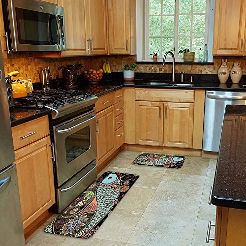 Kitchen Rug Sets 2 Piece with Runner,Art Fishes Here Fishes There Ocean Tropical and Exotic Coral Reefs Fish in a Shallow Underwater, Washable Non Slip Anti Fatigue Floor Mats for Hallway,Laundry,Sink