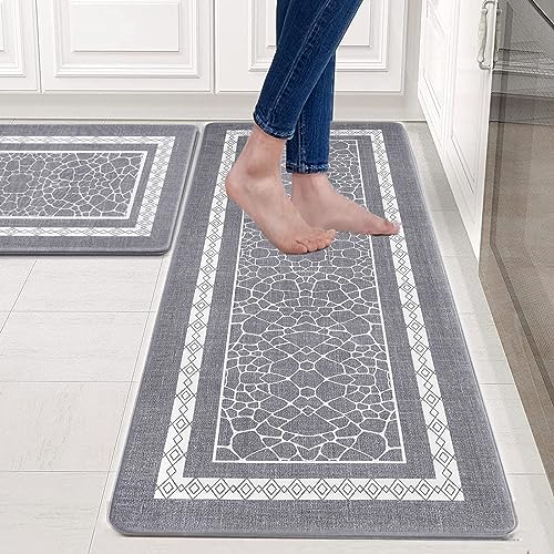 ASPMIZ Kitchen Mat 2 PCS Cushioned Anti-Fatigue Kitchen Rugs Non Slip Memory Foam Kitchen Mats and Rugs Waterproof Kitchen Floor Comfort Mats for Home & Office, 18'' x 48'' + 18'' x 30'', Grey Texture