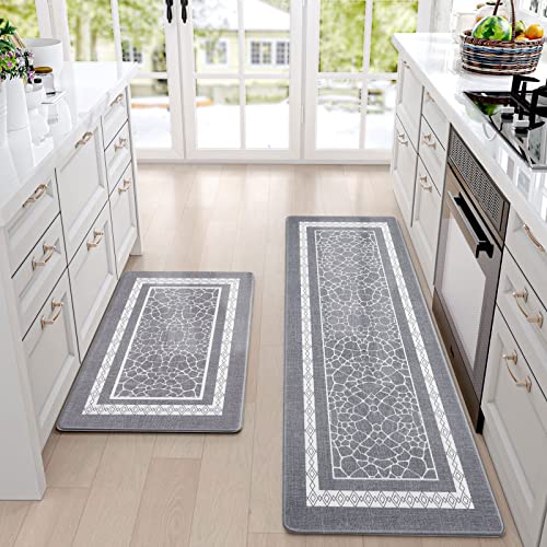 ASPMIZ Kitchen Mat 2 PCS Cushioned Anti-Fatigue Kitchen Rugs Non Slip Memory Foam Kitchen Mats and Rugs Waterproof Kitchen Floor Comfort Mats for Home & Office, 18'' x 48'' + 18'' x 30'', Grey Texture