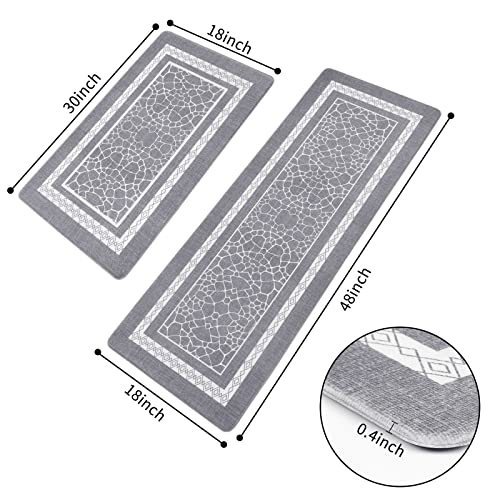 ASPMIZ Kitchen Mat 2 PCS Cushioned Anti-Fatigue Kitchen Rugs Non Slip Memory Foam Kitchen Mats and Rugs Waterproof Kitchen Floor Comfort Mats for Home & Office, 18'' x 48'' + 18'' x 30'', Grey Texture