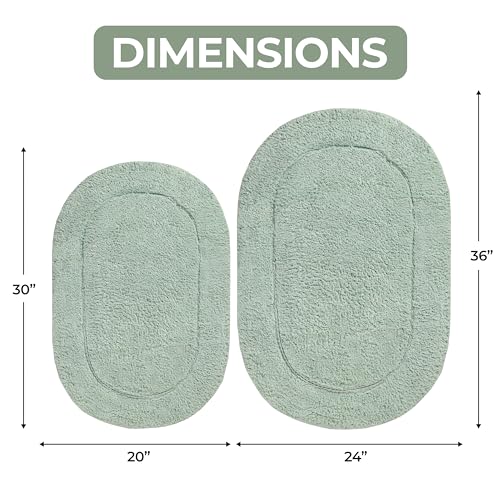 Superior Non-Slip 2 Piece Bath Rug Set, Ultra Plush, Soft and Absorbent 100% Combed Cotton Pile - Traditional Oval Bath Mat Set, Sage