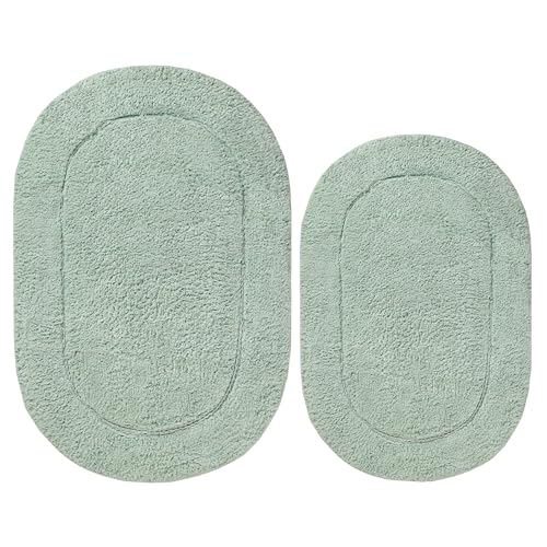 Superior Non-Slip 2 Piece Bath Rug Set, Ultra Plush, Soft and Absorbent 100% Combed Cotton Pile - Traditional Oval Bath Mat Set, Sage