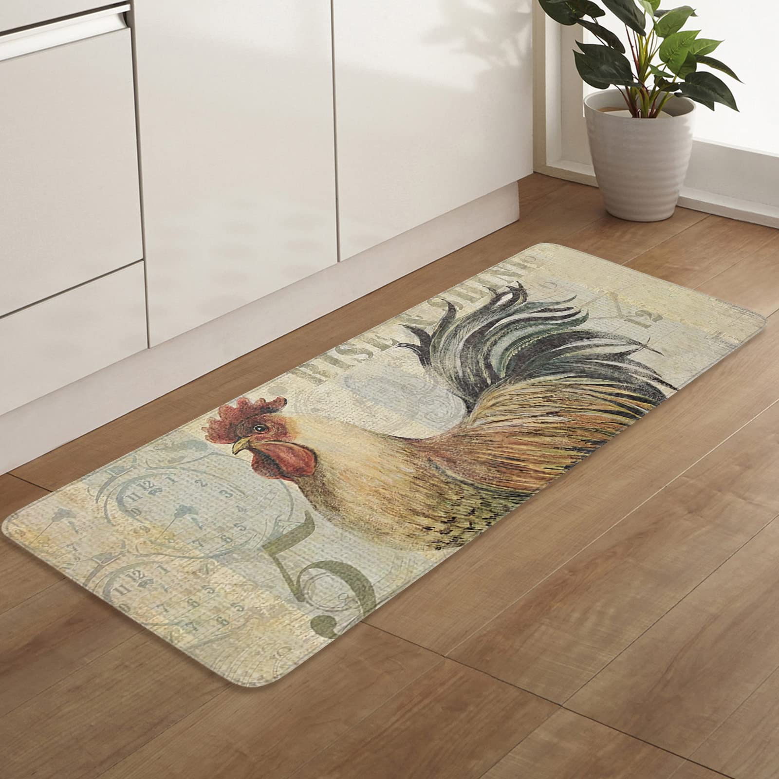 2 Piece Kitchen Mats Cushioned Anti Fatigue Chicken Cock Rooster Waterproof Non Slip Kitchen Rugs Washable Indoor Outdoor Vintage Rustic Farmhouse 15.7x23.6+15.7x47.2