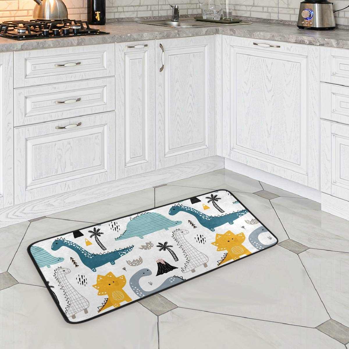 Dinosaur Bath Runner Rug Cream Dino Non Slip Area Mat Rugs for Bathroom Kitchen Indoor Carpet Doormat Floor Dirt Trapper Mats Shoes Scraper 39"x 20"