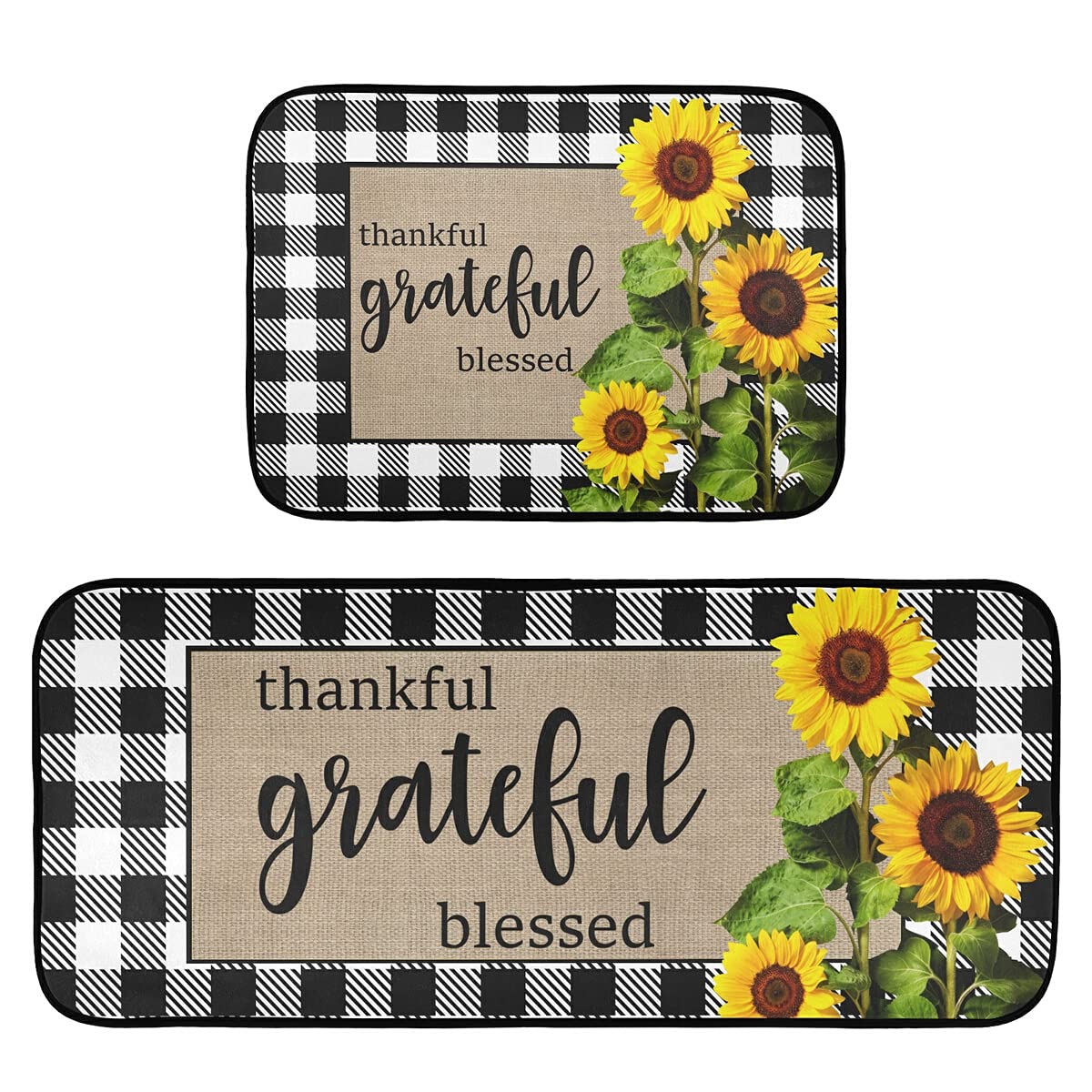 DOMIKING Sunflower Kitchen Rugs Non-Slip Fall Kitchen Mat for Floor Farmhouse Kitchen Decor Accessories 2 PCS Buffalo Plaid Comfort Foam Rug Doormats Standing Mat