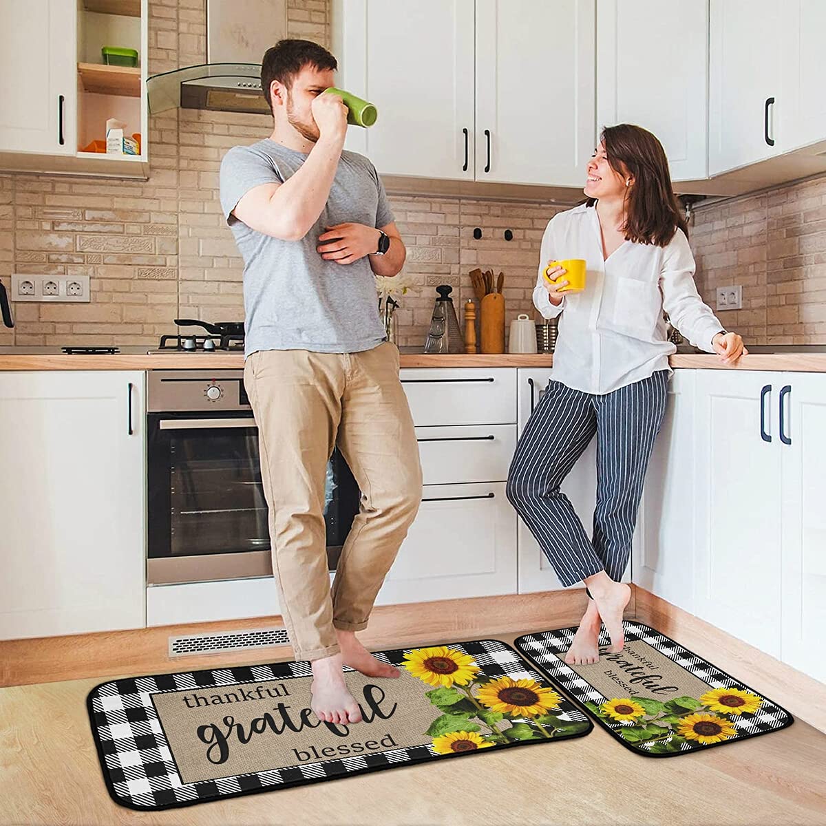 DOMIKING Sunflower Kitchen Rugs Non-Slip Fall Kitchen Mat for Floor Farmhouse Kitchen Decor Accessories 2 PCS Buffalo Plaid Comfort Foam Rug Doormats Standing Mat