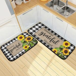 DOMIKING Sunflower Kitchen Rugs Non-Slip Fall Kitchen Mat for Floor Farmhouse Kitchen Decor Accessories 2 PCS Buffalo Plaid Comfort Foam Rug Doormats Standing Mat