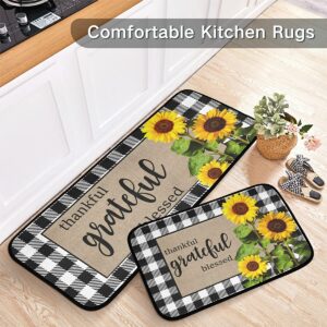 DOMIKING Sunflower Kitchen Rugs Non-Slip Fall Kitchen Mat for Floor Farmhouse Kitchen Decor Accessories 2 PCS Buffalo Plaid Comfort Foam Rug Doormats Standing Mat