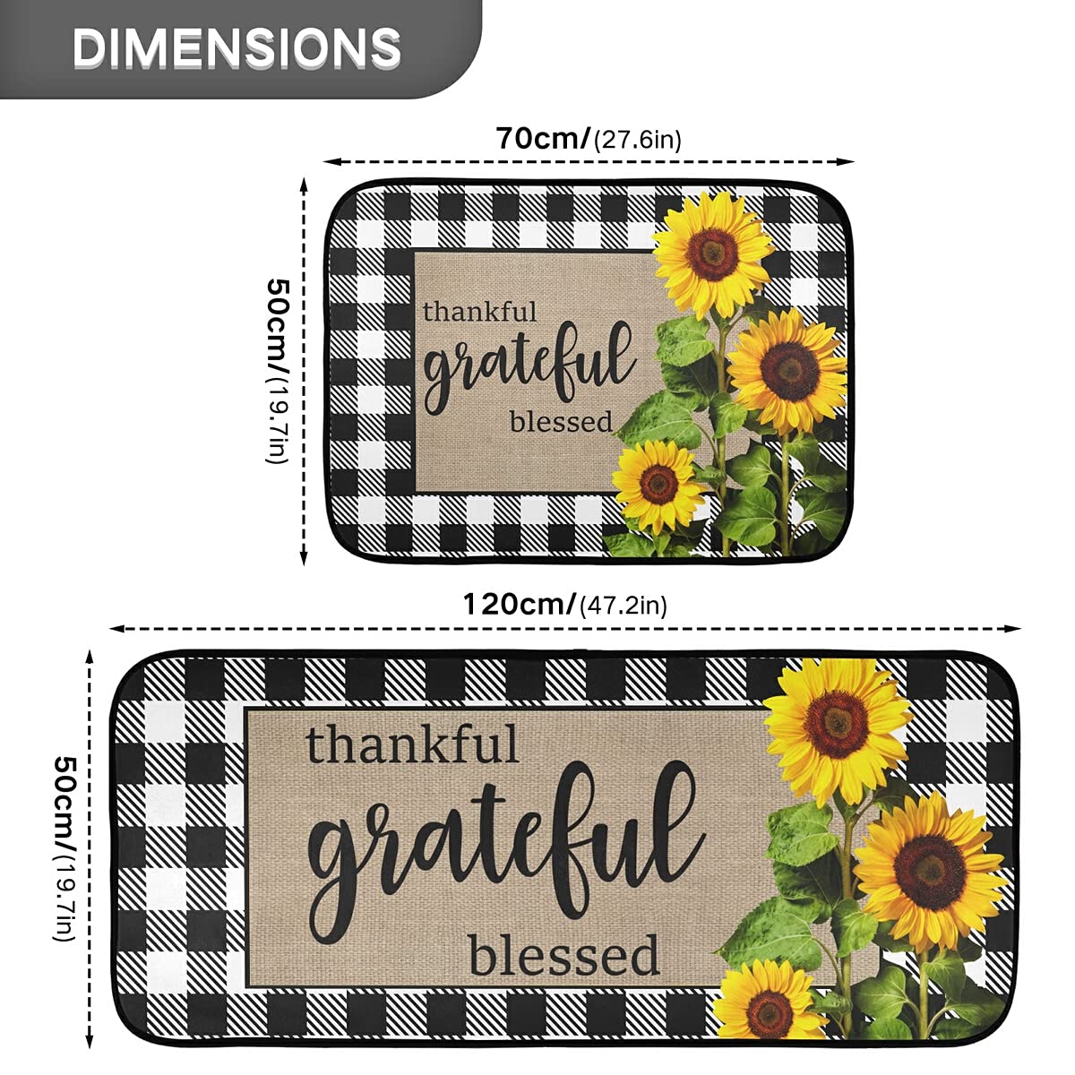 DOMIKING Sunflower Kitchen Rugs Non-Slip Fall Kitchen Mat for Floor Farmhouse Kitchen Decor Accessories 2 PCS Buffalo Plaid Comfort Foam Rug Doormats Standing Mat