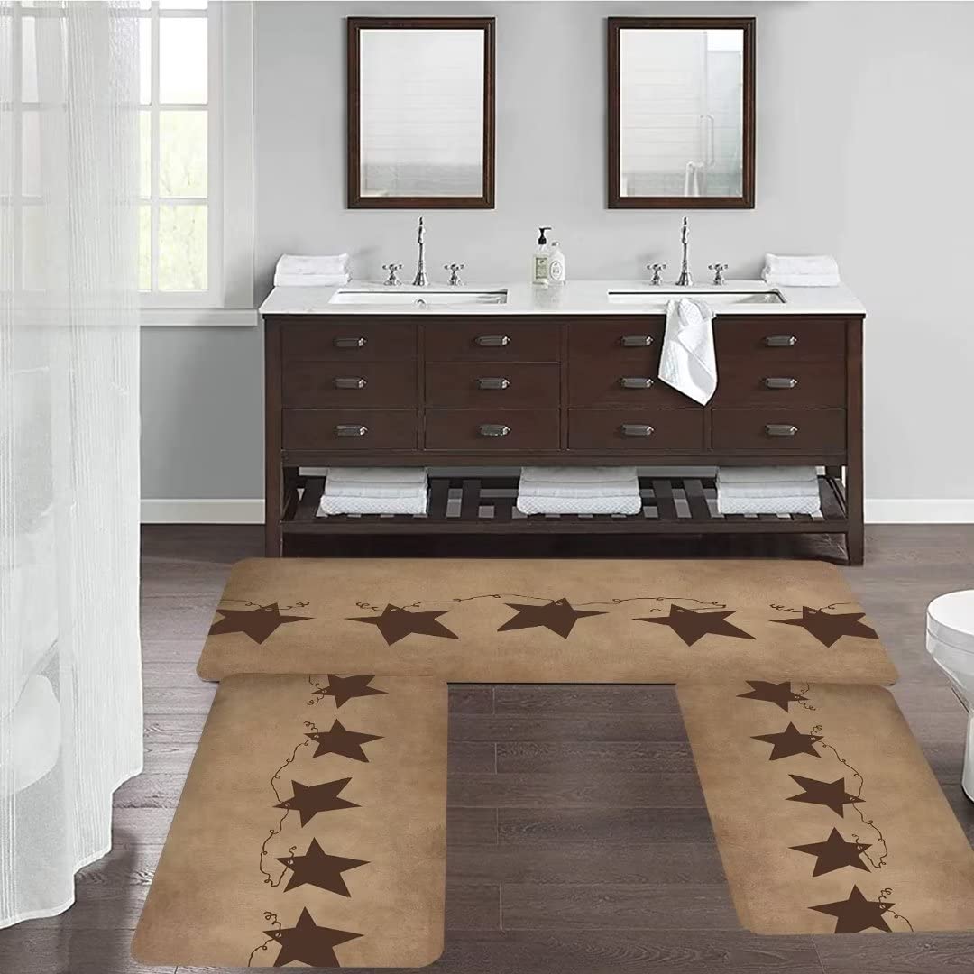 Rustic Texas Star Kitchen Mats Set of 3 Rusty Stars Vintage Primitive Country Kitchen Rugs and Mats Non Skid Washable Kitchen Floor Mats Farmhouse Runner Rug Carpet for Kitchen Hallway Bathroom Brown