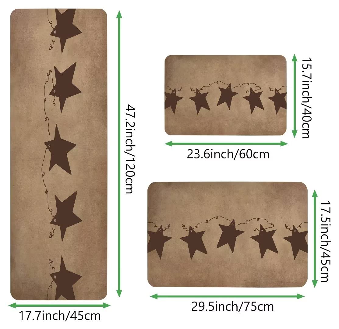 Rustic Texas Star Kitchen Mats Set of 3 Rusty Stars Vintage Primitive Country Kitchen Rugs and Mats Non Skid Washable Kitchen Floor Mats Farmhouse Runner Rug Carpet for Kitchen Hallway Bathroom Brown