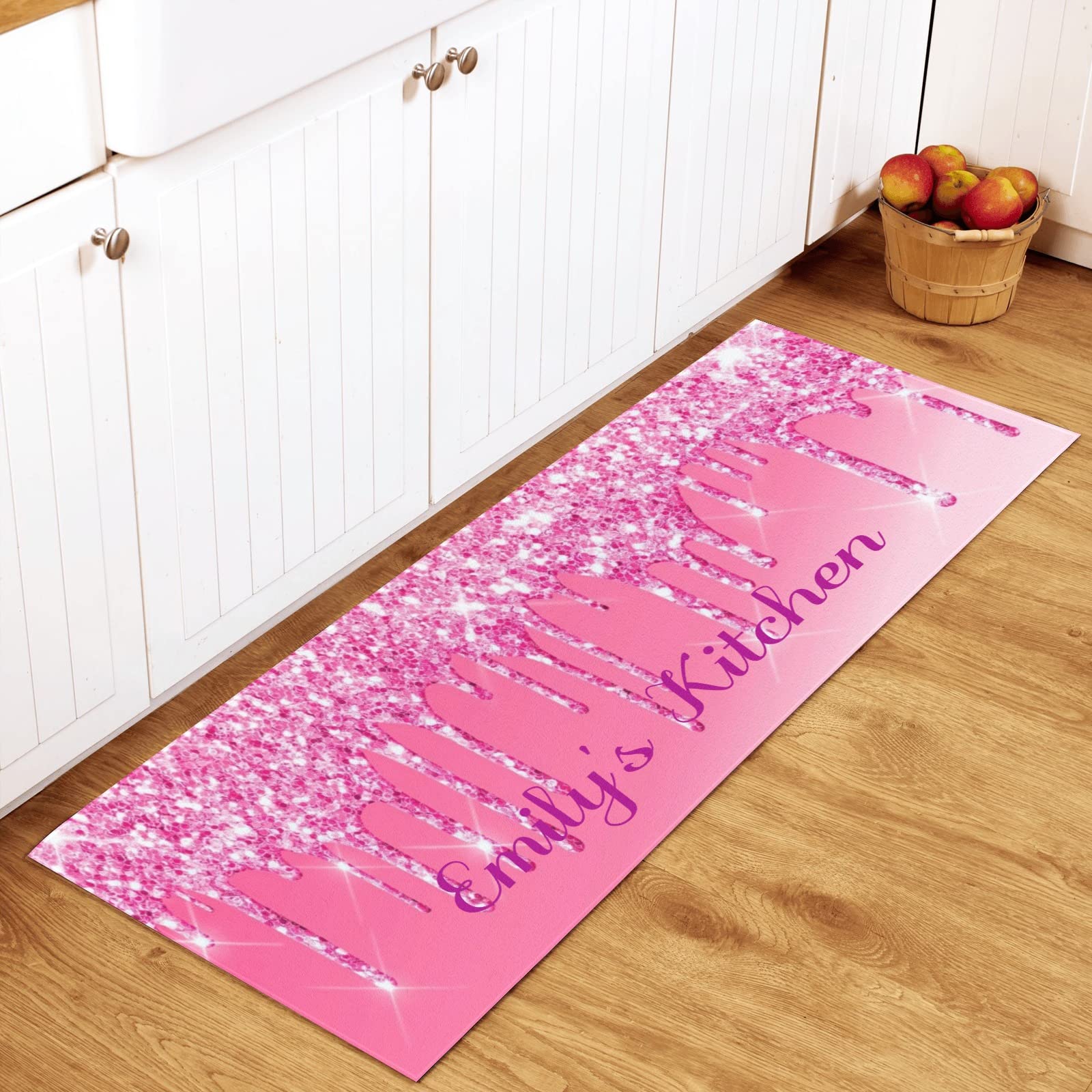 BEYODD Personalized Kitchen Room Mat and Rug, Custom Floor Mat Anti-Slip Rugs for Kitchen, Floor Home, Office, Store, Laundry Hot Pink Dripping Glitter, 48x17 ''