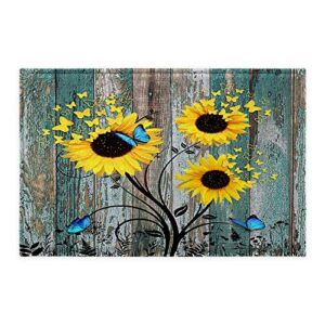 grtuspr sunflower bath rug, teal blue butterfly on vintage rustic plants country wood bath rug, farmhouse funny butterfly waterproof non slip bathroom rug, bathroom decor