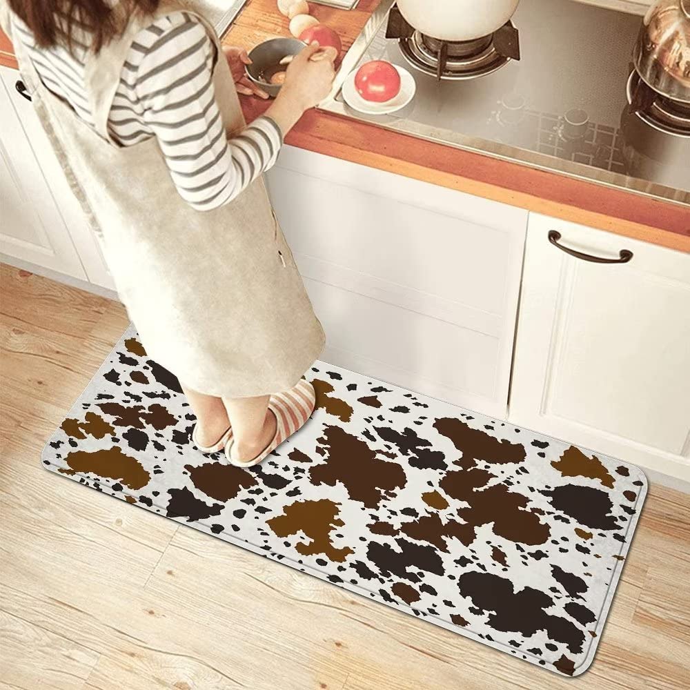 DYCBNESS Cowhide Brown Milk Cow Print Kitchen Mat Animal Cowhide Skin Pattern Kitchen Rug Anti Fatigue Floor Runner Rug Non Slip Farmhouse Standing Mat Creative Rustic Doormat for Kitchen Home Decor