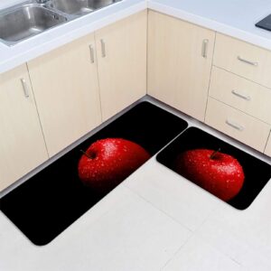 Ta-Home 2 Pieces Kitchen Rug Set Non-Slip Backing Mat Throw Rugs Doormats Red Apples Painting Absorbent Area Runner Carpet for Bathroom Water Drop Fruit Black Art, 15.7x23.6in+15.7x47.2in