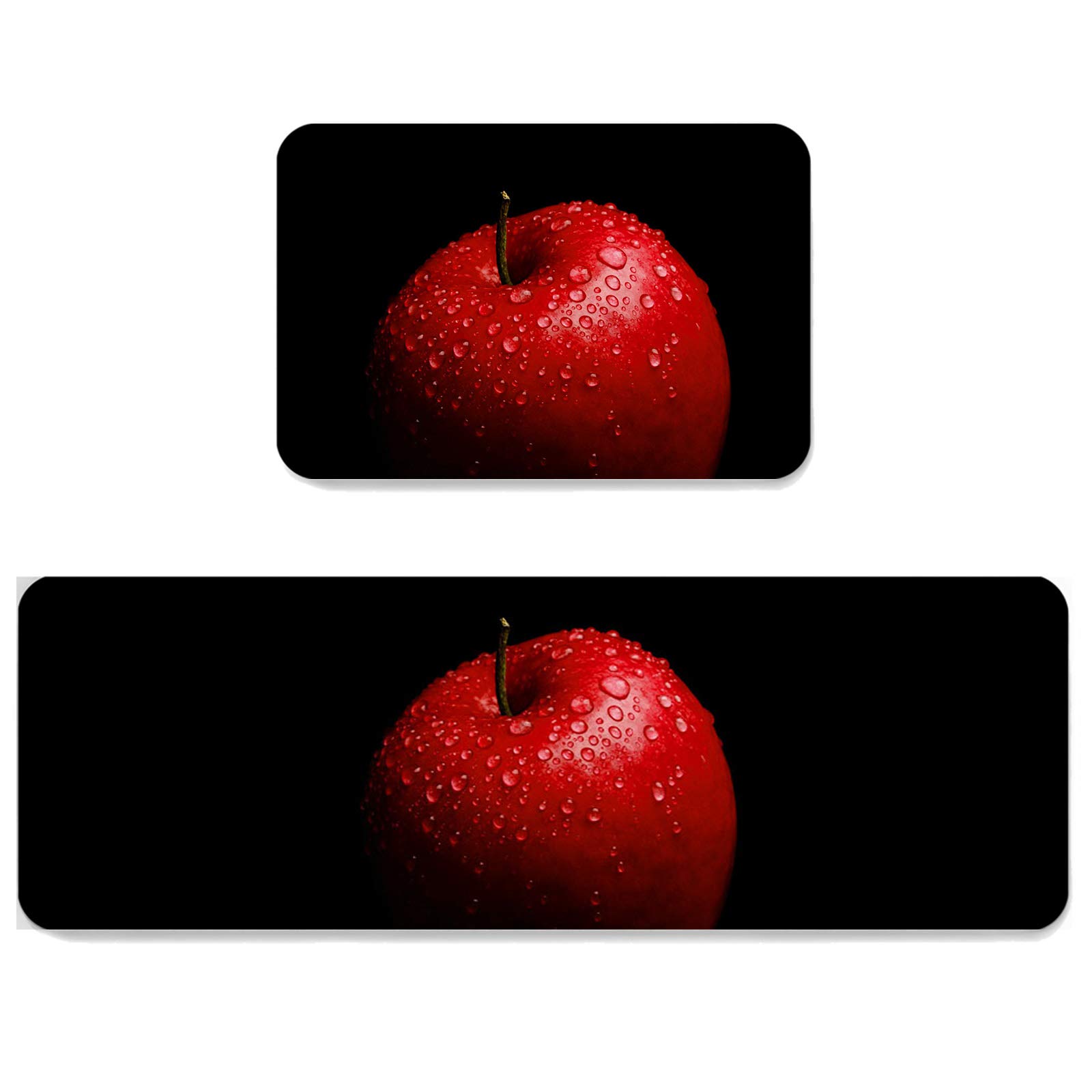 Ta-Home 2 Pieces Kitchen Rug Set Non-Slip Backing Mat Throw Rugs Doormats Red Apples Painting Absorbent Area Runner Carpet for Bathroom Water Drop Fruit Black Art, 15.7x23.6in+15.7x47.2in