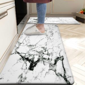 black and white marble kitchen mats set of 2 modern marbling printing kitchen rugs waterproof washable non-slip anti fatigue comfort standing kitchen rug and mat for laundry sink kitchen floor