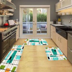 Mid Century Modern Kitchen Rug Sets 3 Piece Midcentury Retro Grid and Starbursts Orange Geometric Cushioned Floor Mats Washable Doormat Anti Fatigue Non-Slip Kitchen Runner Rugs Bedroom Area Carpet