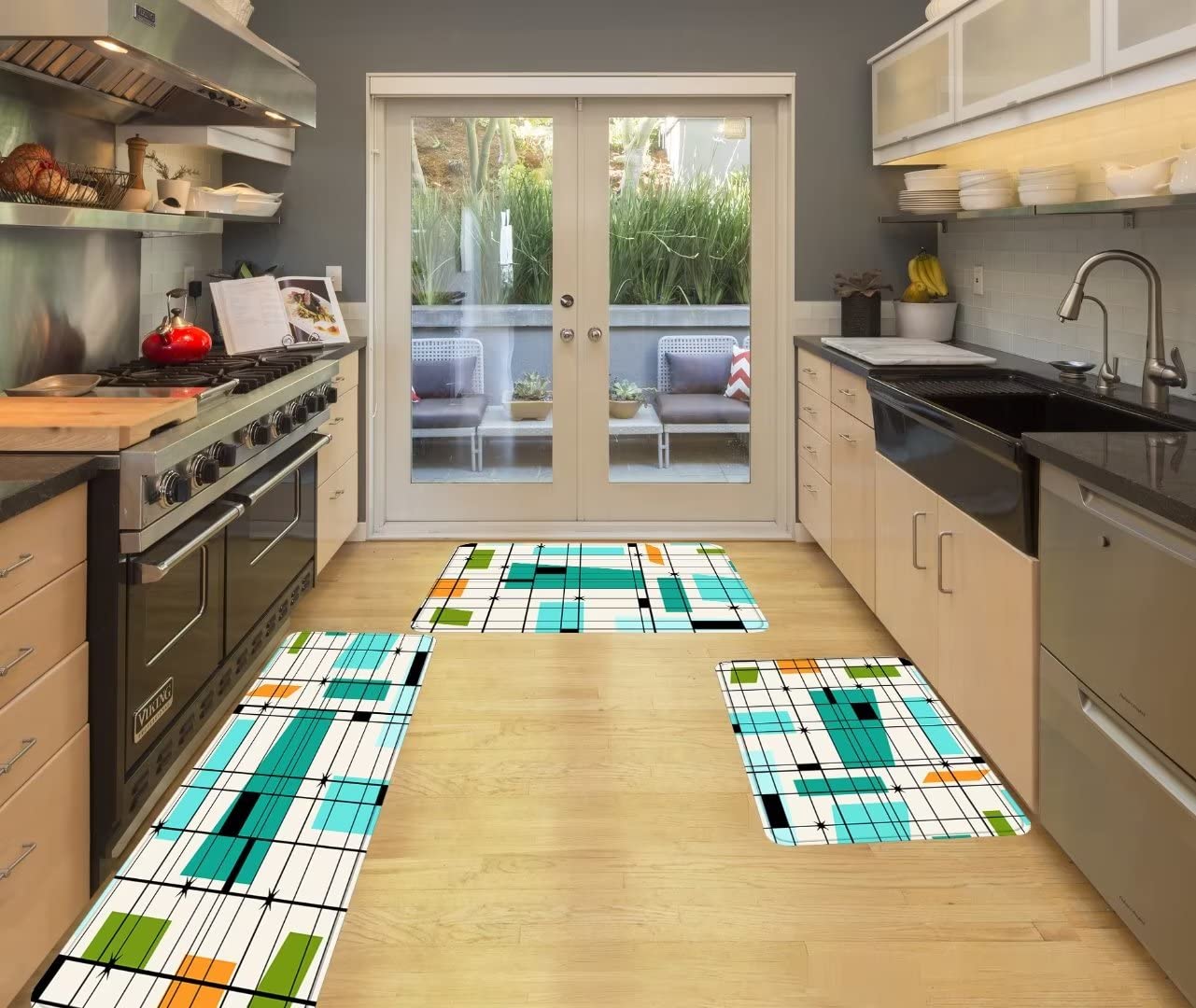 Mid Century Modern Kitchen Rug Sets 3 Piece Midcentury Retro Grid and Starbursts Orange Geometric Cushioned Floor Mats Washable Doormat Anti Fatigue Non-Slip Kitchen Runner Rugs Bedroom Area Carpet