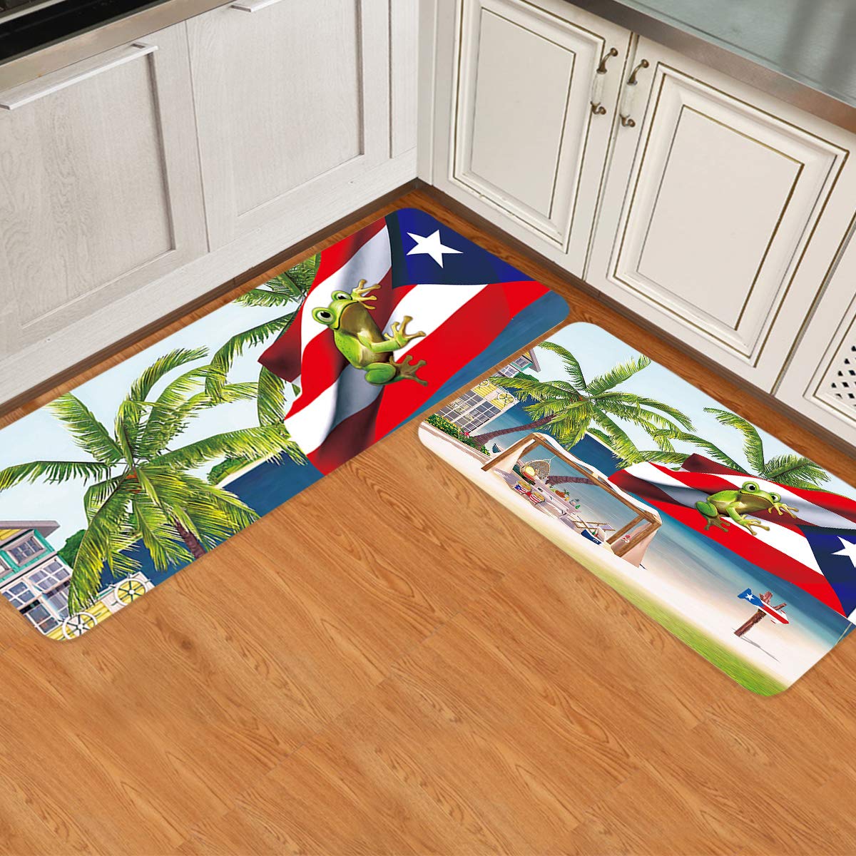 Gsypo Puerto Rico Kitchen Rugs Set 2 Pieces, Summer Beach Puerto Rico Flag Frog Non Slip Comfort Standing Floor Mat, Entryway Doormat Water Absorbent Washable Runner 16"x24" + 16"x47"