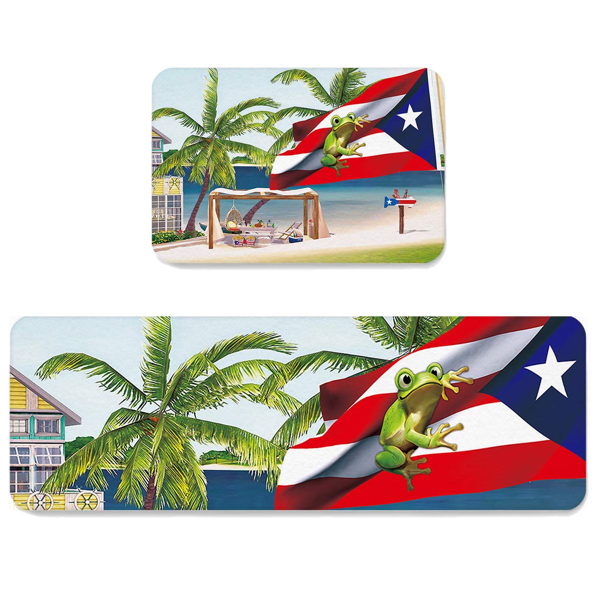 Gsypo Puerto Rico Kitchen Rugs Set 2 Pieces, Summer Beach Puerto Rico Flag Frog Non Slip Comfort Standing Floor Mat, Entryway Doormat Water Absorbent Washable Runner 16"x24" + 16"x47"