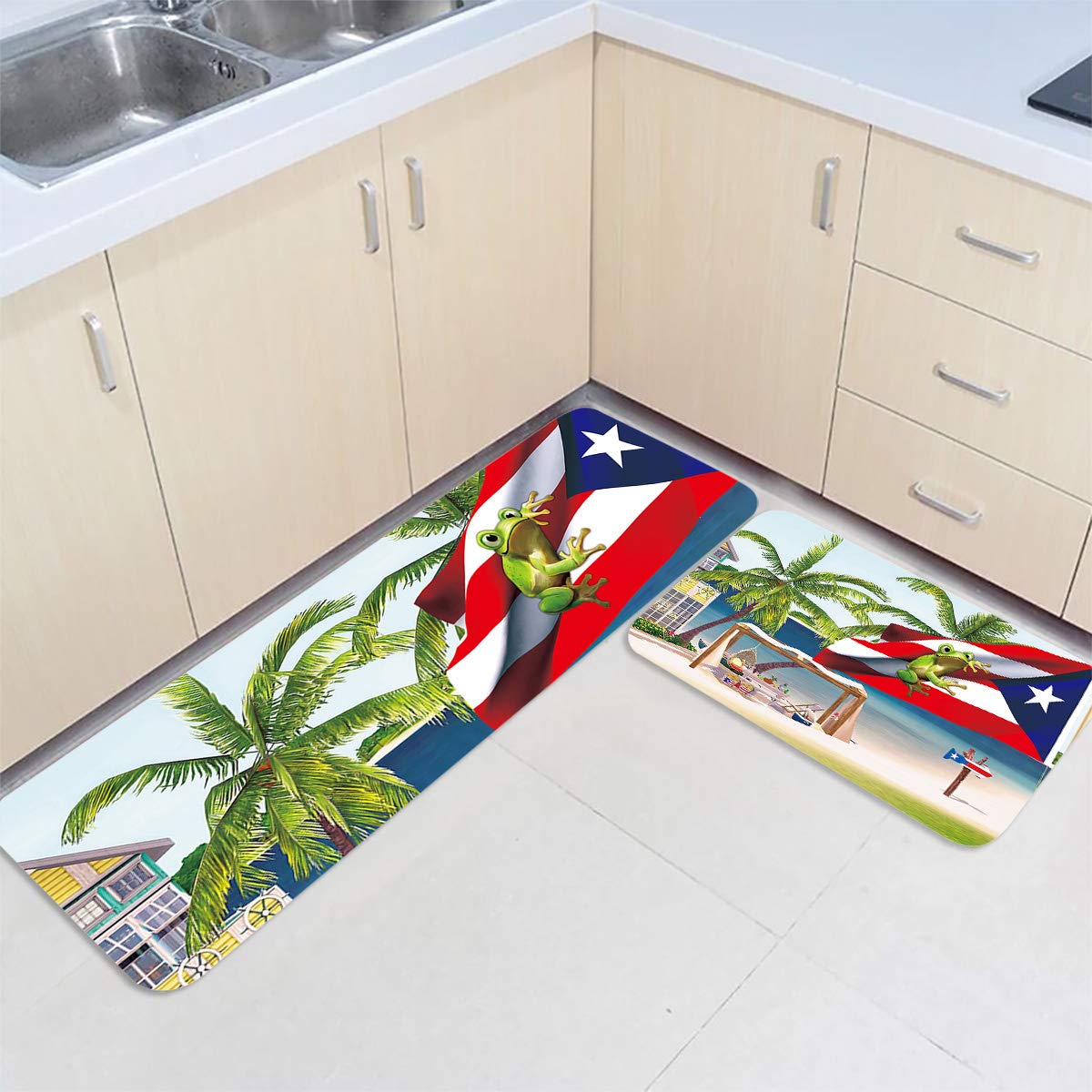 Gsypo Puerto Rico Kitchen Rugs Set 2 Pieces, Summer Beach Puerto Rico Flag Frog Non Slip Comfort Standing Floor Mat, Entryway Doormat Water Absorbent Washable Runner 16"x24" + 16"x47"