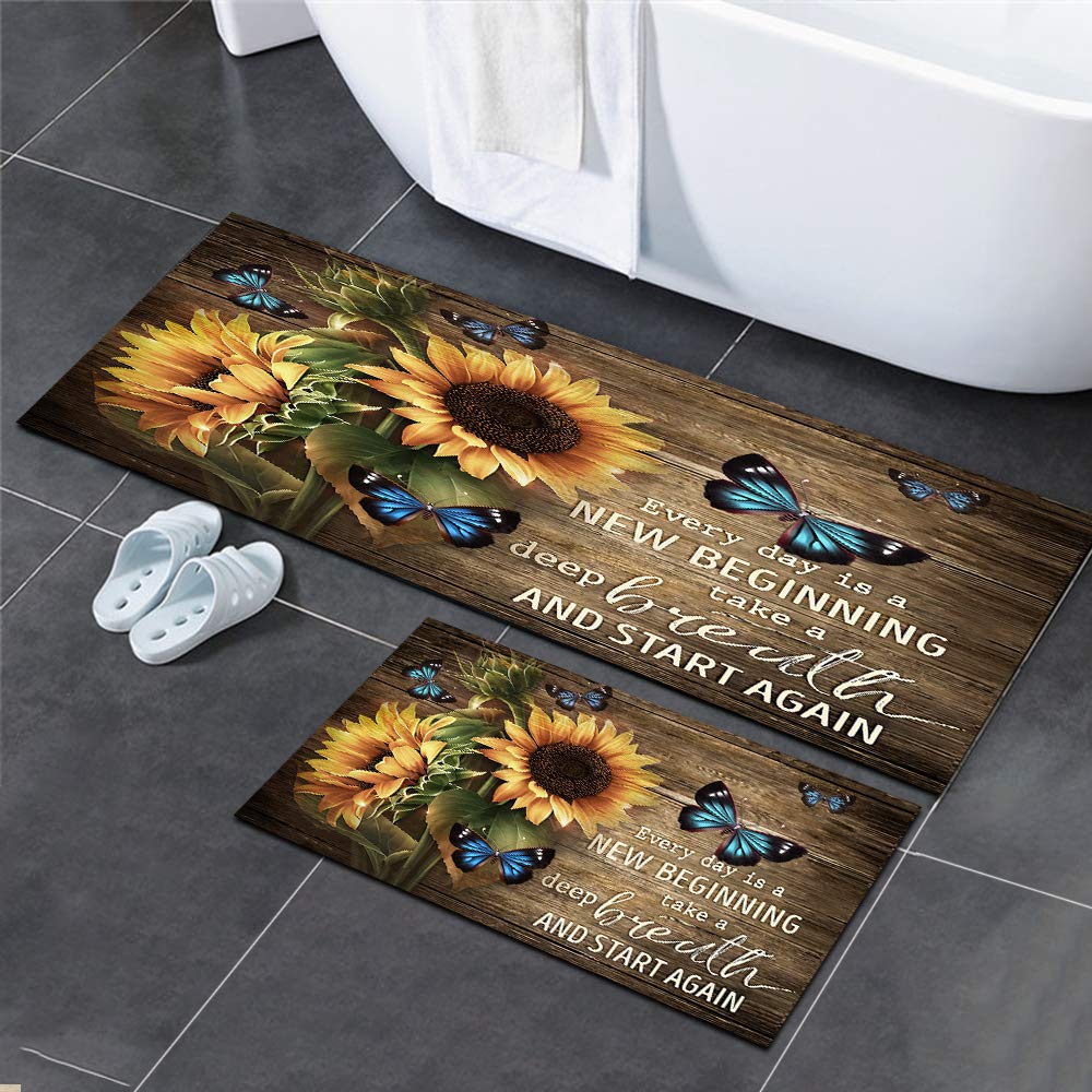 Kitchen Mats and Rugs 2 Pieces Cushioned Anti-Fatigue Floor Mat Sunflower Non-Slip Kitchen Rug Bathroom Mat Doormat Carpet Comfort Mat for Kitchen Floor Home Office Sink 17.5"X29"+17.5"X59" Brown