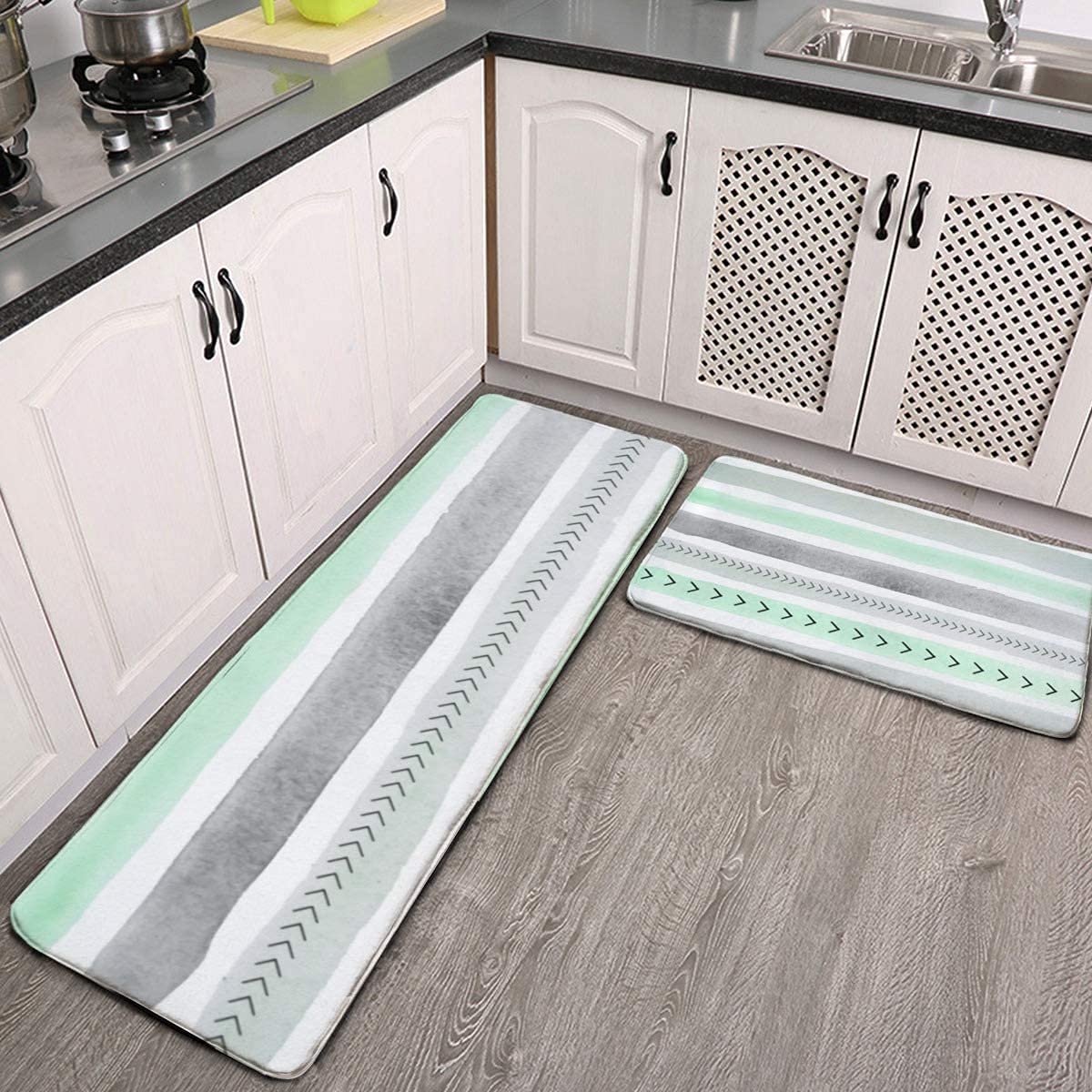 DERTYV 2 Pcs Kitchen Rug Set, Mint Green Gray Watercolour Stripes Non-Slip Kitchen Mats and Rugs Soft Flannel Non-Slip Area Runner Rugs Washable Durable Doormat Carpet