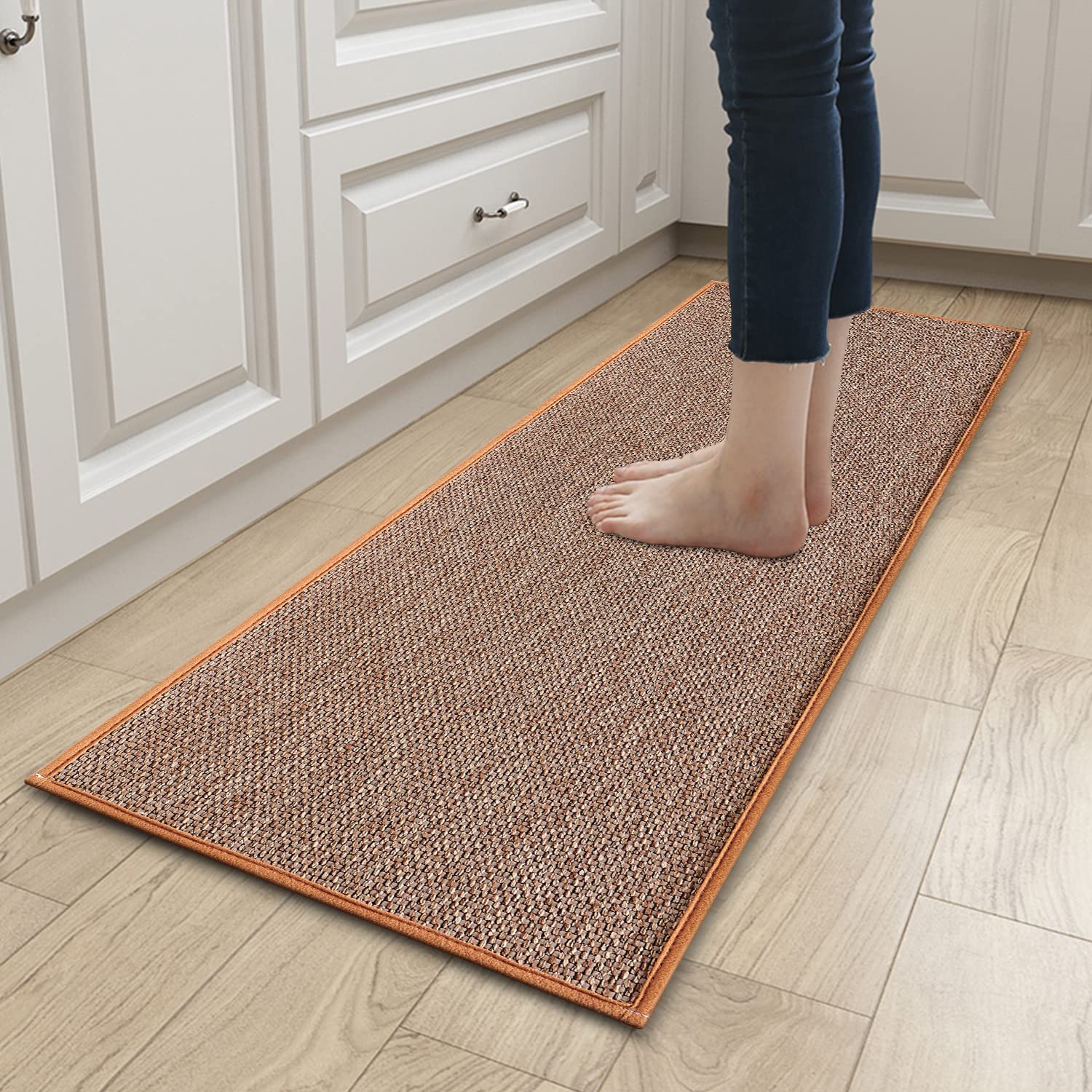 JMZNBF Twill Kitchen MAT Rugs and Mats Non Skid Washable Sets of 2 Floor for in Front Sink Heavy Duty Standing Countertop Fridge(Oats), 17*30+17*48