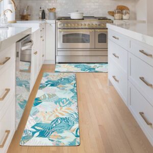 Kitchen Rugs 2 Piece Anti Fatigue Kitchen Floor Mats PVC Non Slip Waterproof Easy to Clean Kitchen Mats Set Floral Leaves Comfort Standing Kitchen Carpet (17.5"×30"+17.5"×59")