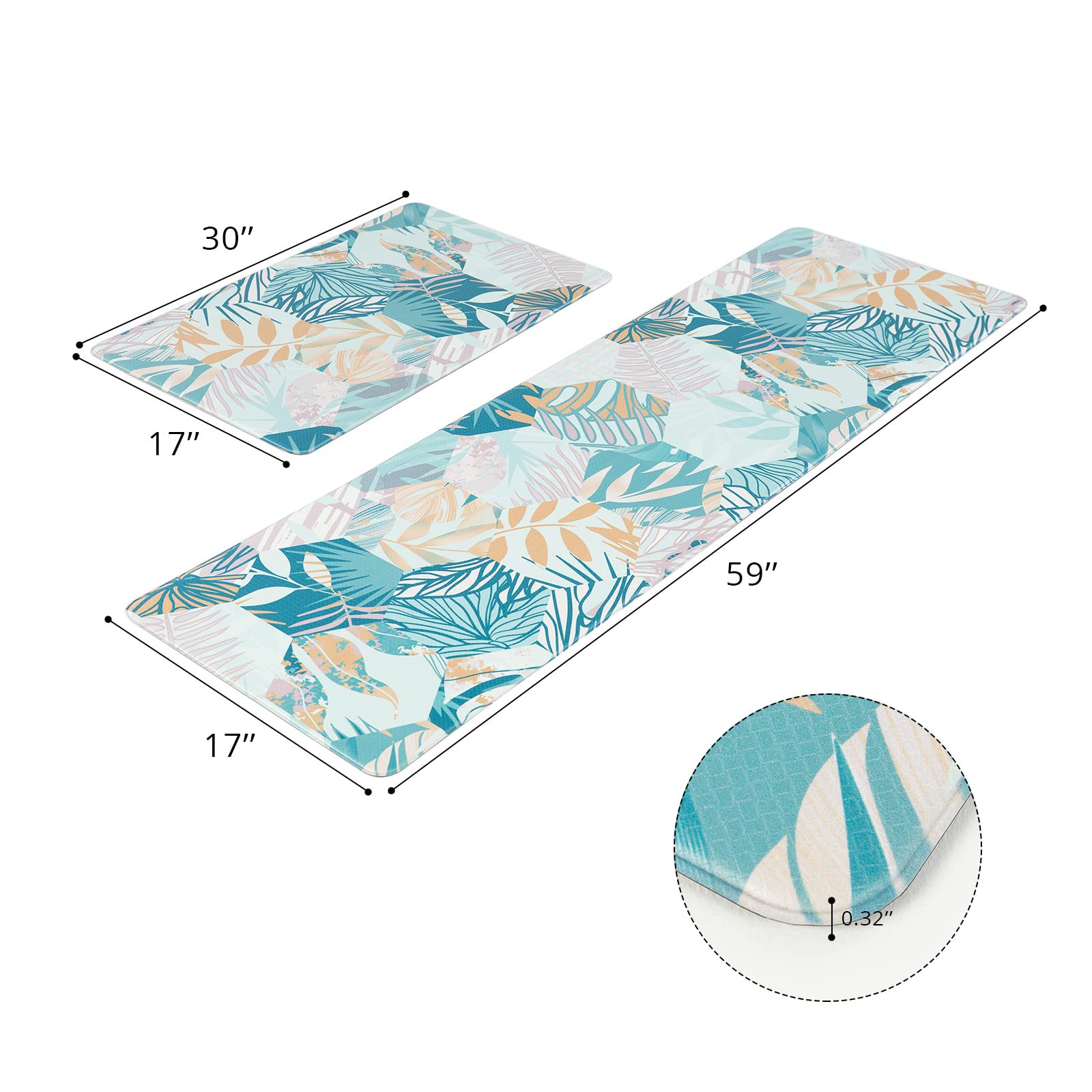 Kitchen Rugs 2 Piece Anti Fatigue Kitchen Floor Mats PVC Non Slip Waterproof Easy to Clean Kitchen Mats Set Floral Leaves Comfort Standing Kitchen Carpet (17.5"×30"+17.5"×59")