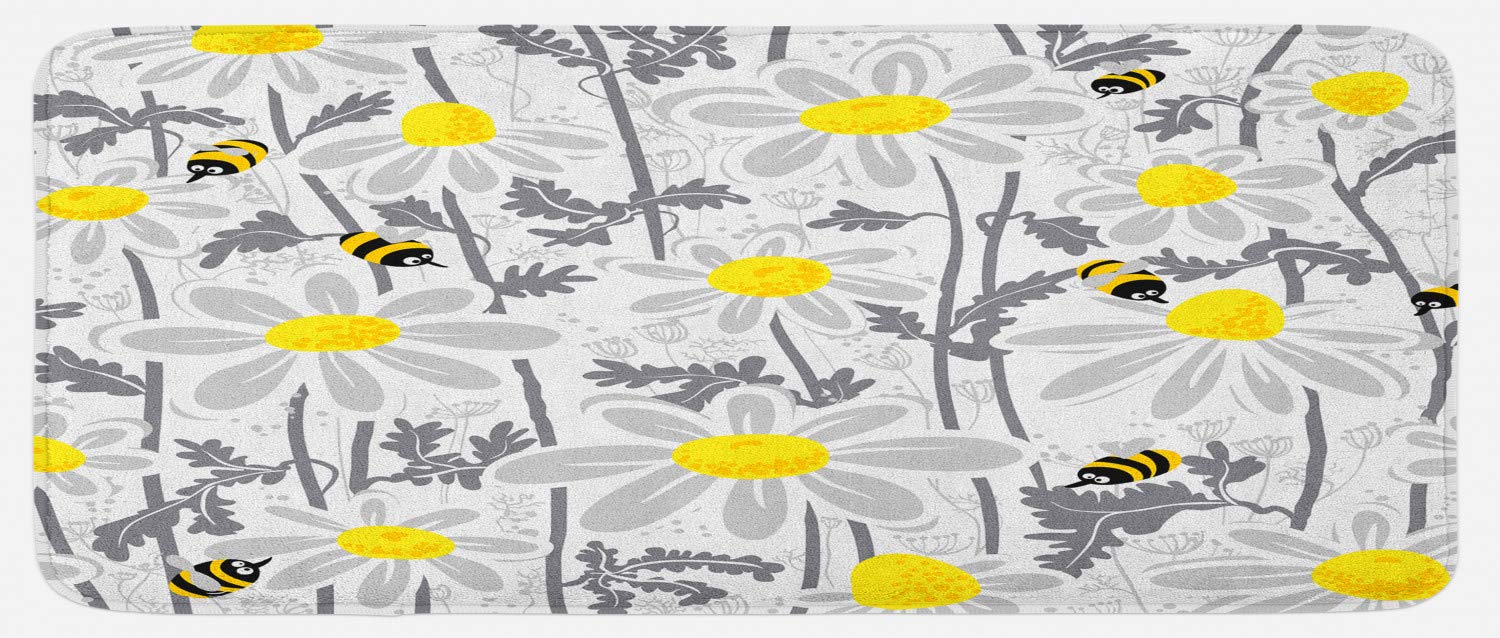 Ambesonne Grey Kitchen Mat, Daisy Flowers Bees in Spring Time Honey Petals Floret Nature Purity Blooming, Plush Decorative Kitchen Mat with Non Slip Backing, 47" X 19", Yellow White