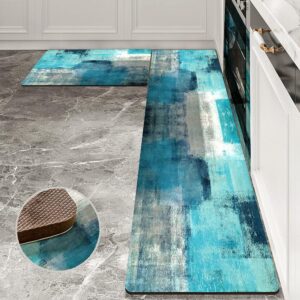 ailuer kitchen rug set,set of 2 turquoise modern art kitchen rugs and mats,teal non-slip kitchen rugs for kitchen dining room laundry (turquoise rugs, 17"x29.5"+17"x47")