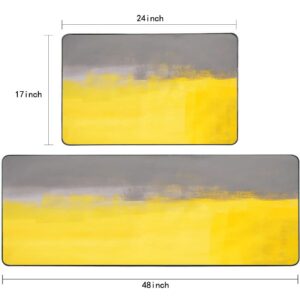 Jesmacti Kitchen Rugs and Mats Washable Yellow and Grey Abstract Art Printing Non-Skid Kitchen Floor Mats 17"x48"+17"x24" Sets 2 Piece Kitchen Rugs for Floor Front of Bed,Laundry Room,Hallway