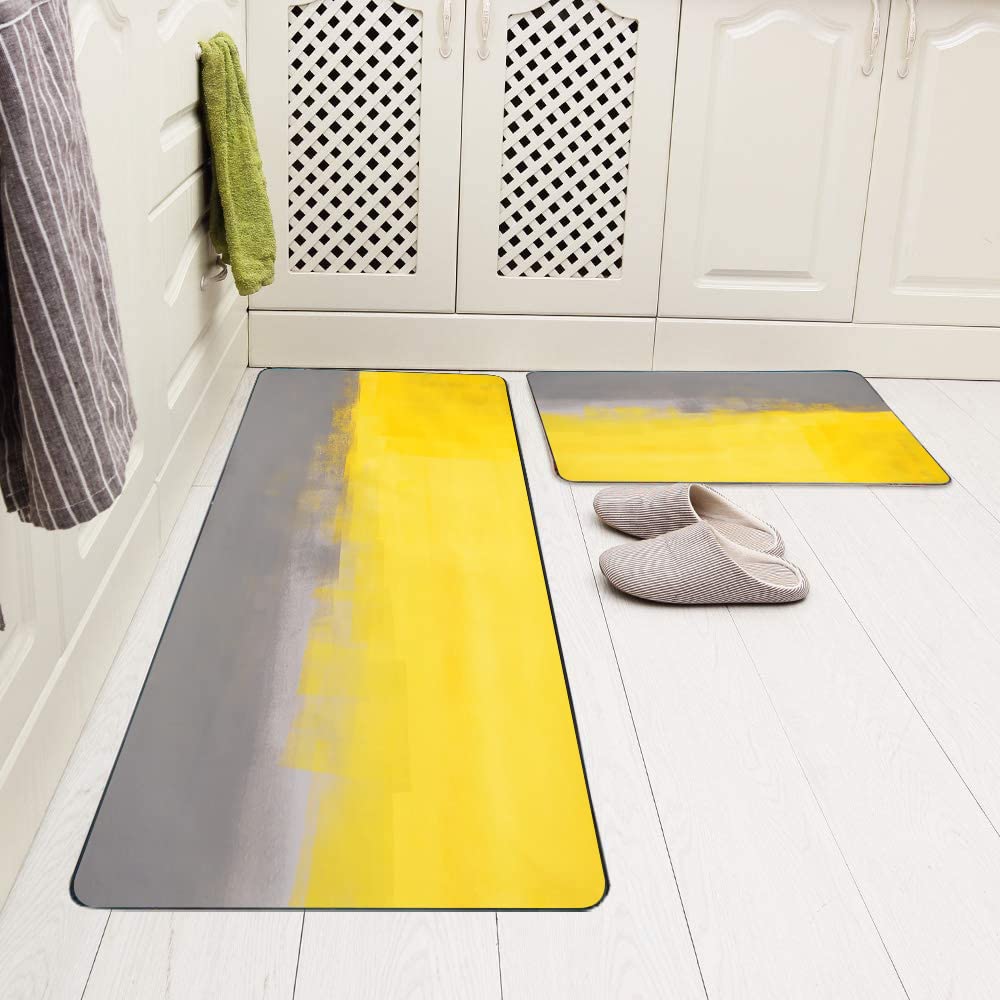 Jesmacti Kitchen Rugs and Mats Washable Yellow and Grey Abstract Art Printing Non-Skid Kitchen Floor Mats 17"x48"+17"x24" Sets 2 Piece Kitchen Rugs for Floor Front of Bed,Laundry Room,Hallway