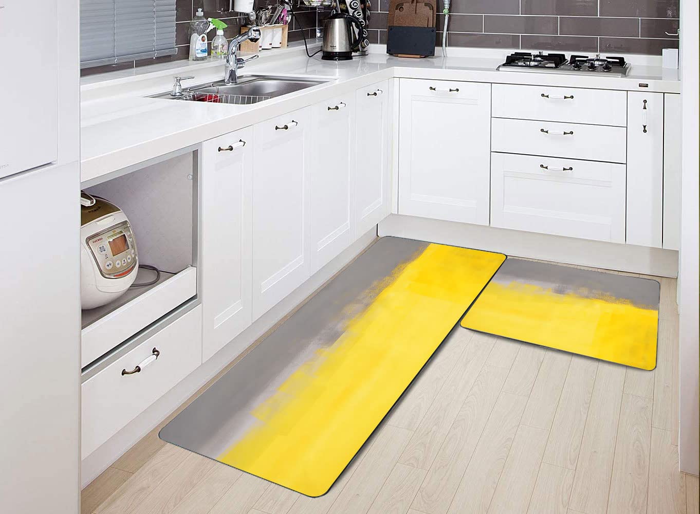 Jesmacti Kitchen Rugs and Mats Washable Yellow and Grey Abstract Art Printing Non-Skid Kitchen Floor Mats 17"x48"+17"x24" Sets 2 Piece Kitchen Rugs for Floor Front of Bed,Laundry Room,Hallway