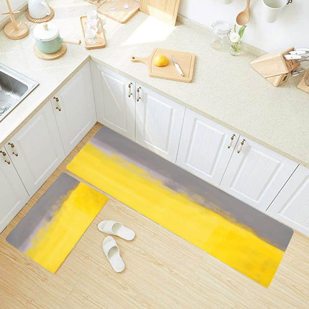 Jesmacti Kitchen Rugs and Mats Washable Yellow and Grey Abstract Art Printing Non-Skid Kitchen Floor Mats 17"x48"+17"x24" Sets 2 Piece Kitchen Rugs for Floor Front of Bed,Laundry Room,Hallway