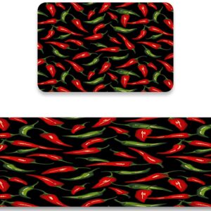 JILANGCA Chili Pepper Kitchen Rug Sets 2 Pieces Chili Peppers Comfort Mat Cushioned Floor Mats Washable Doormat 17.7inch X 47.2inch + 17.5inch X 29.5inch