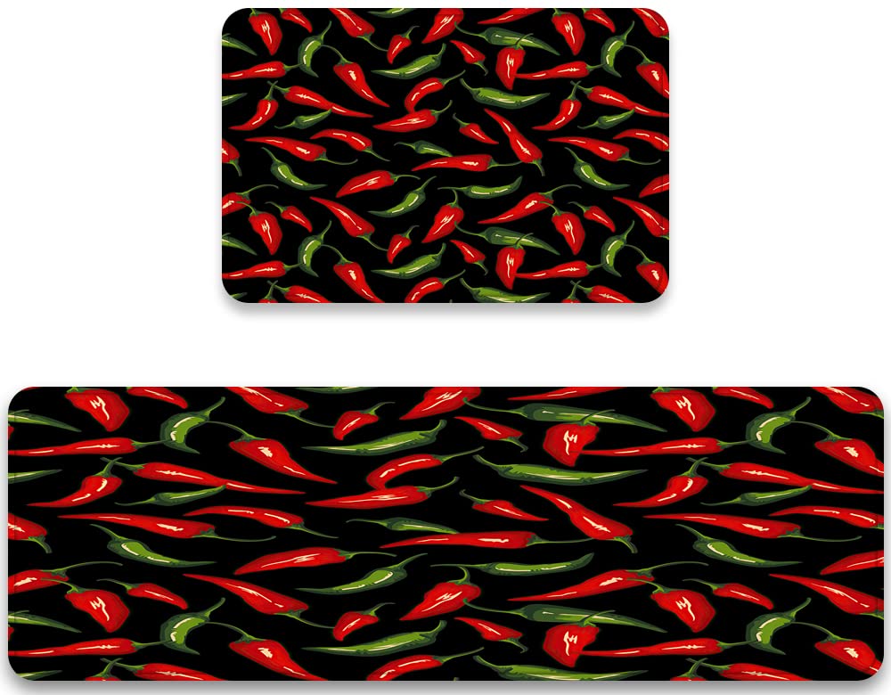 JILANGCA Chili Pepper Kitchen Rug Sets 2 Pieces Chili Peppers Comfort Mat Cushioned Floor Mats Washable Doormat 17.7inch X 47.2inch + 17.5inch X 29.5inch