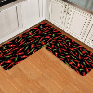 JILANGCA Chili Pepper Kitchen Rug Sets 2 Pieces Chili Peppers Comfort Mat Cushioned Floor Mats Washable Doormat 17.7inch X 47.2inch + 17.5inch X 29.5inch