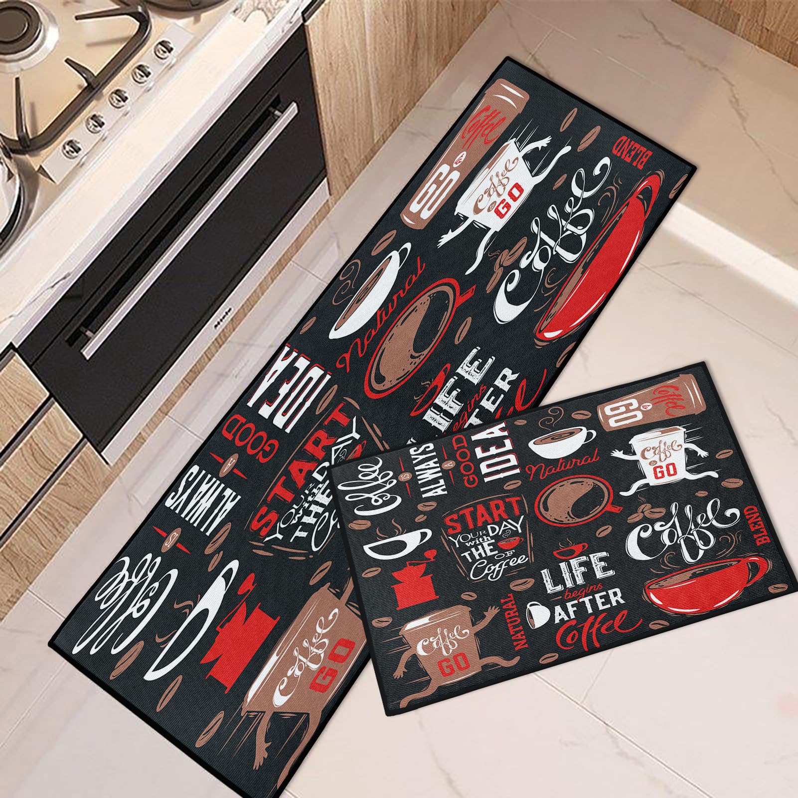 Tayney Coffee Doodle Kitchen Rugs and Mats Non Skid Washable Set of 2, Life Begins After Coffee Kitchen Mats for Floor, Chocolate Cafe Kitchen Runner Rug, Funny Kitchen Decor