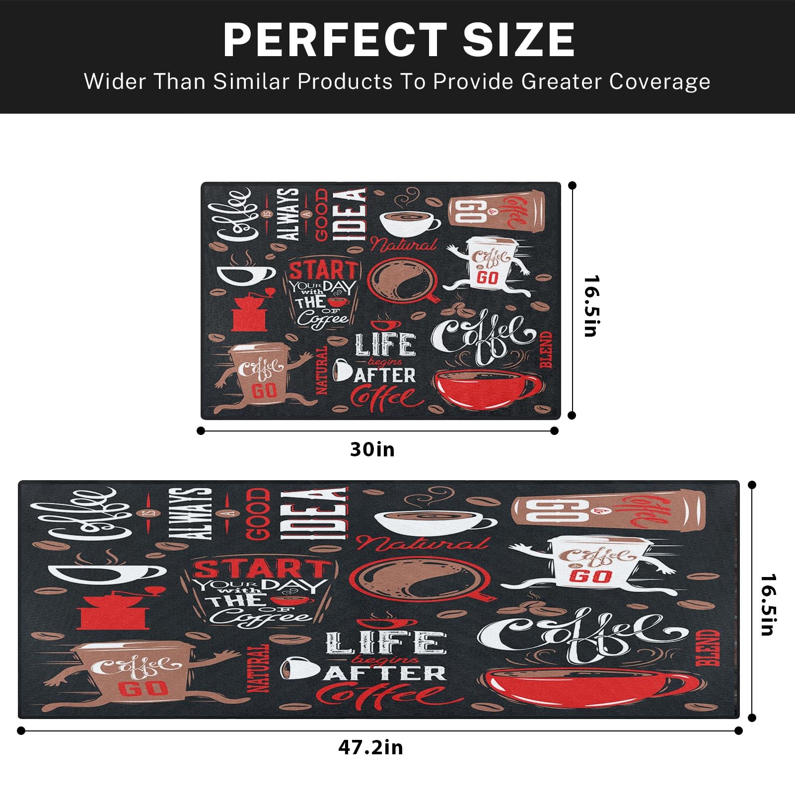 Tayney Coffee Doodle Kitchen Rugs and Mats Non Skid Washable Set of 2, Life Begins After Coffee Kitchen Mats for Floor, Chocolate Cafe Kitchen Runner Rug, Funny Kitchen Decor