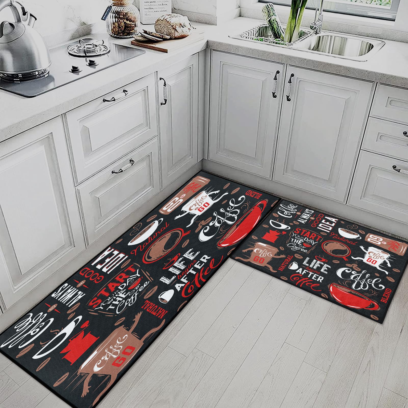 Tayney Coffee Doodle Kitchen Rugs and Mats Non Skid Washable Set of 2, Life Begins After Coffee Kitchen Mats for Floor, Chocolate Cafe Kitchen Runner Rug, Funny Kitchen Decor